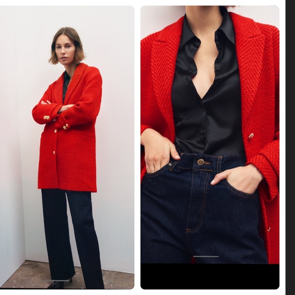Zara | Jackets & Coats | Zara Gold Button Textured Red Coat | Poshmark